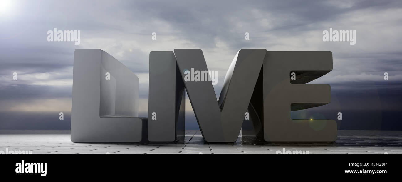 Live sign concept. Live text large letters against cloudy dark sky ...