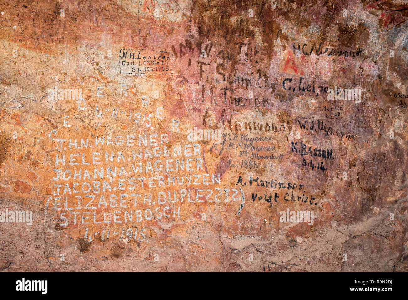 STADSAAL CAVES, SOUTH AFRICA, AUGUST 26, 2018: Historic names are ...