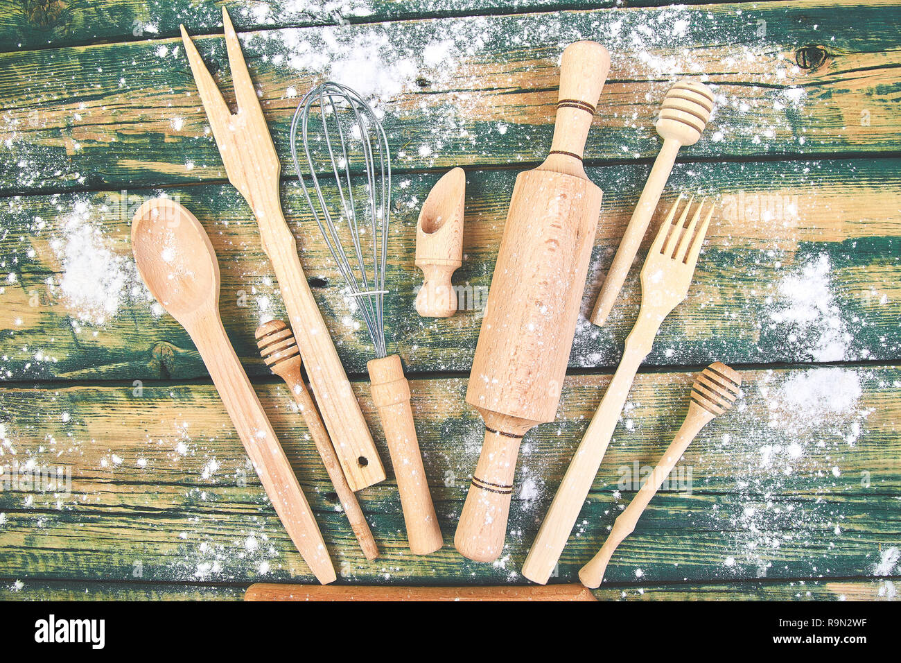 Cooking or baking food background with kitchen utensils, rolling pin ...