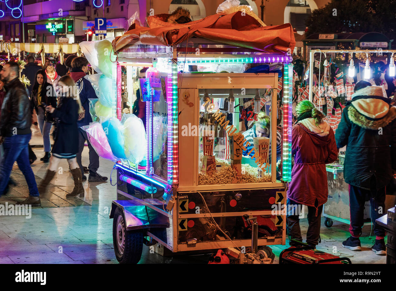 Greek street vendor at Aristotelous square, Thessaloniki. Evening view ...