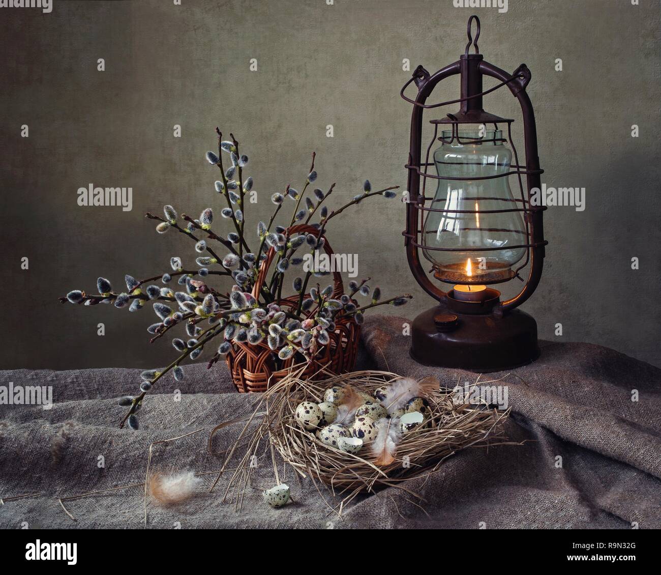 Still life with bouquet willow branches Stock Photo - Alamy