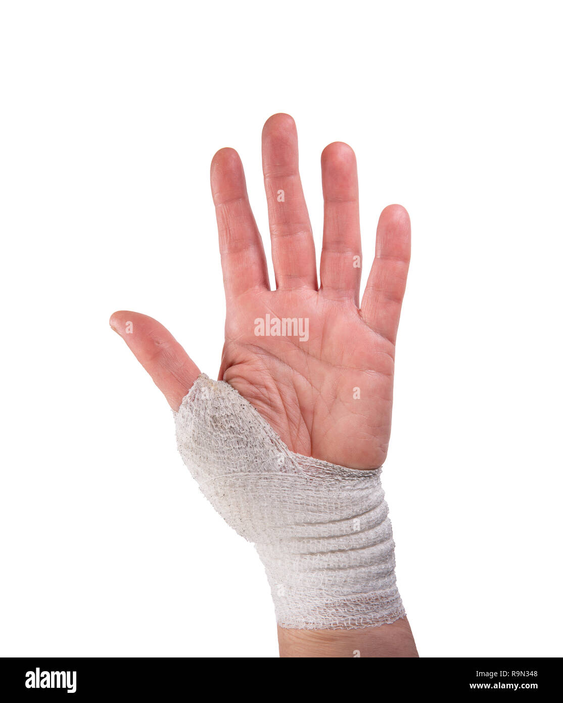 Caucasian woman left hand palm with surgical dressing Stock Photo - Alamy