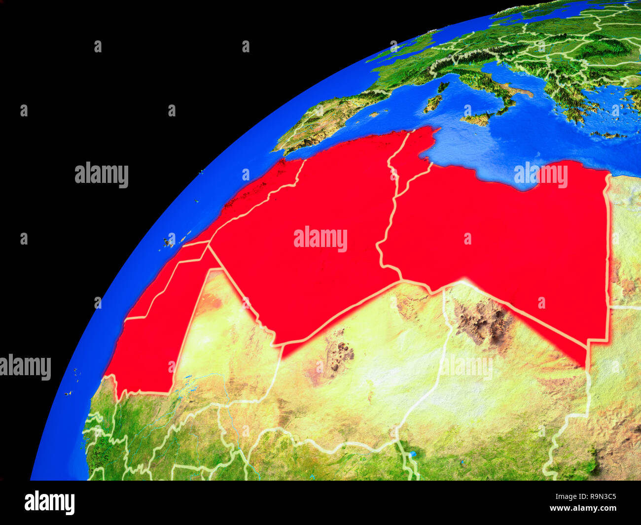 Maghreb region from space. Planet Earth with country borders and ...