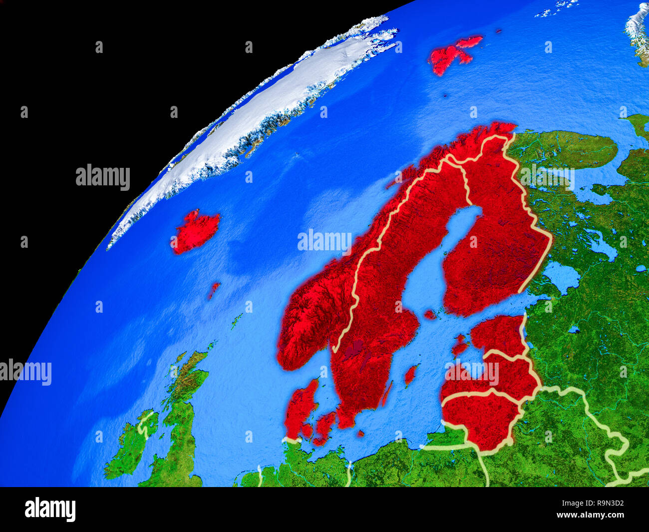 Northern Europe from space. Planet Earth with country borders and ...