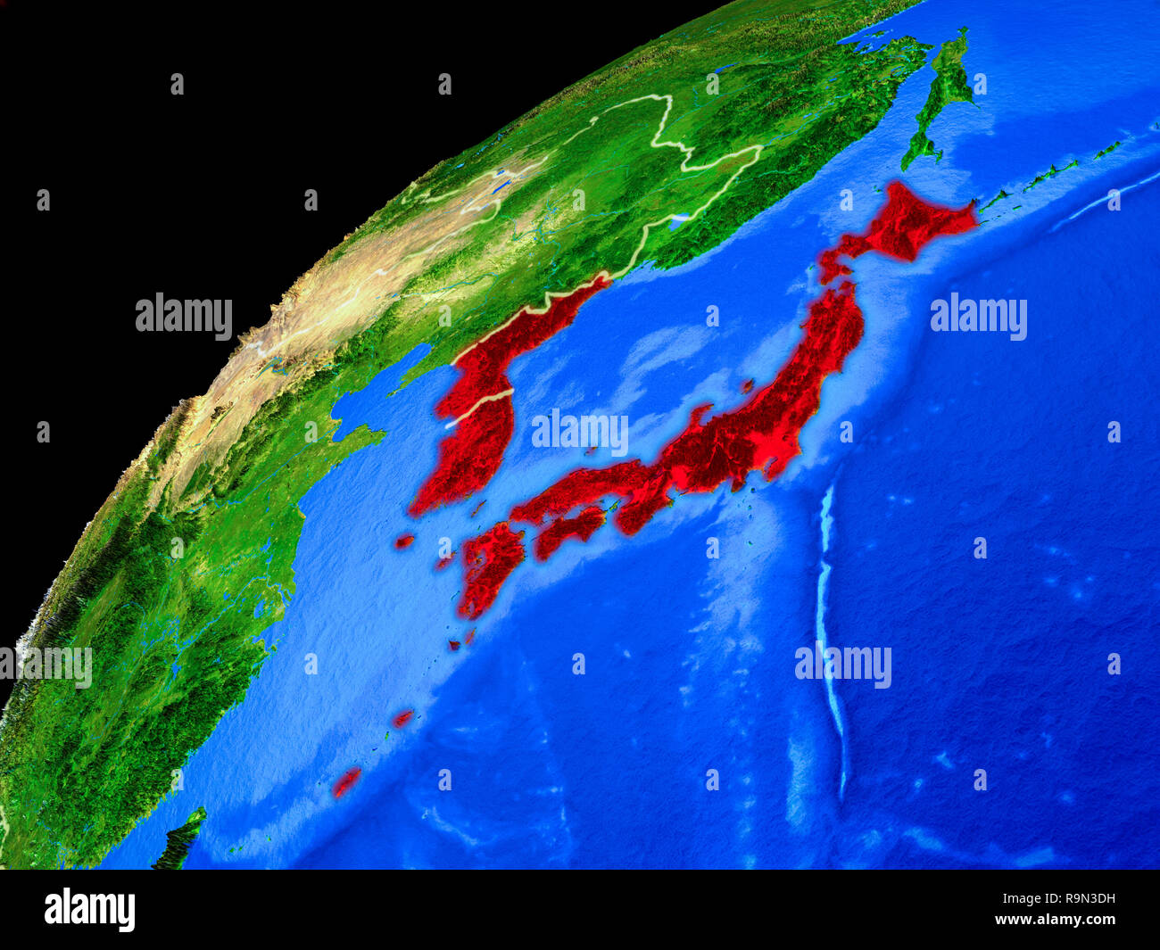 Japan and Korea from space. Planet Earth with country borders and ...