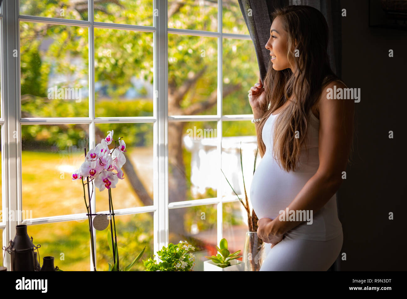 Smiling pregnant woman looking out the window and touching her belly ...