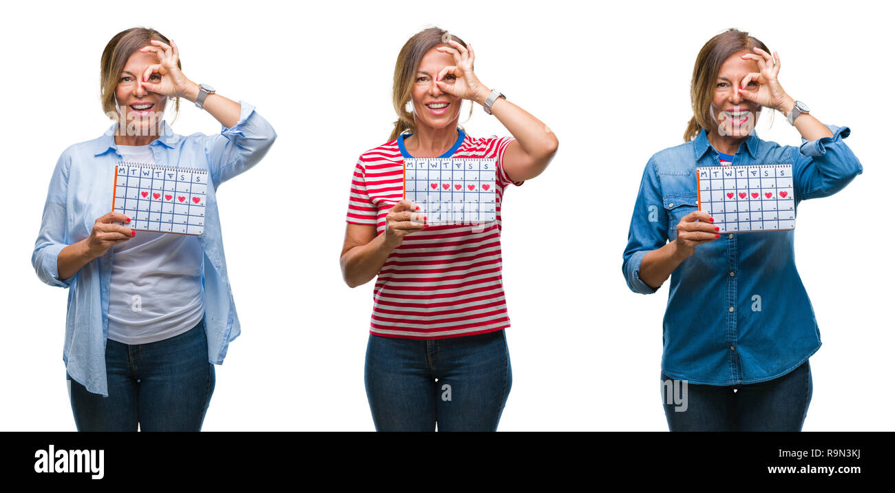 Collage of middle age hispanic woman holding menstruation calendar over ...