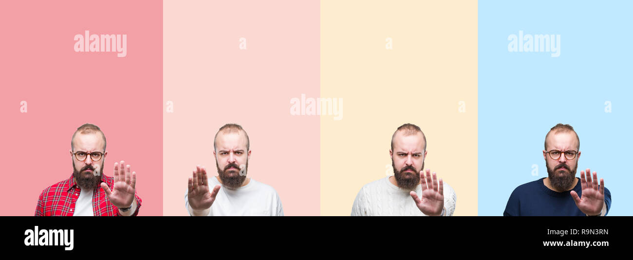 Collage of young man with beard over colorful stripes isolated ...