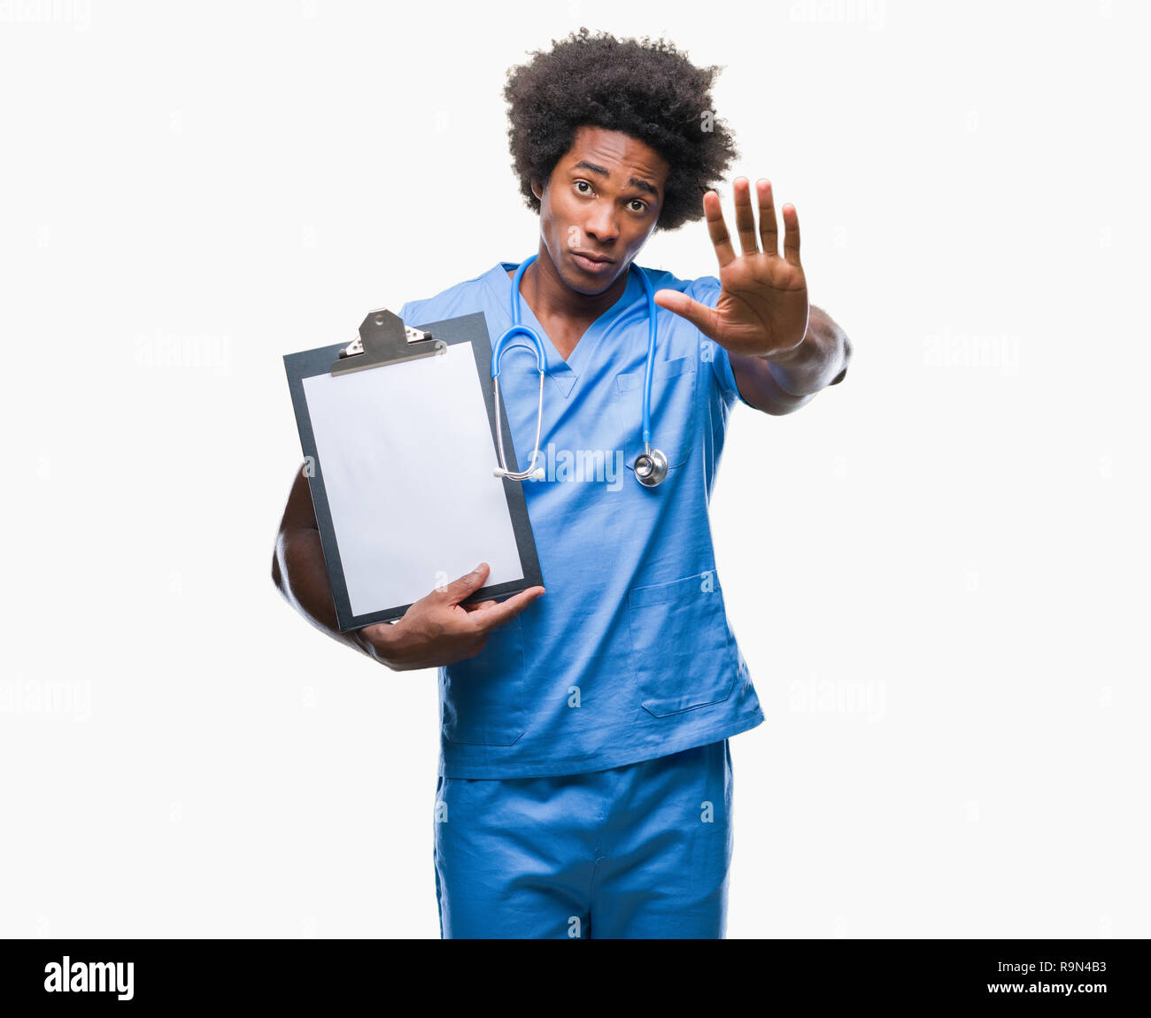 Afro american surgeon doctor holding clipboard man over isolated ...