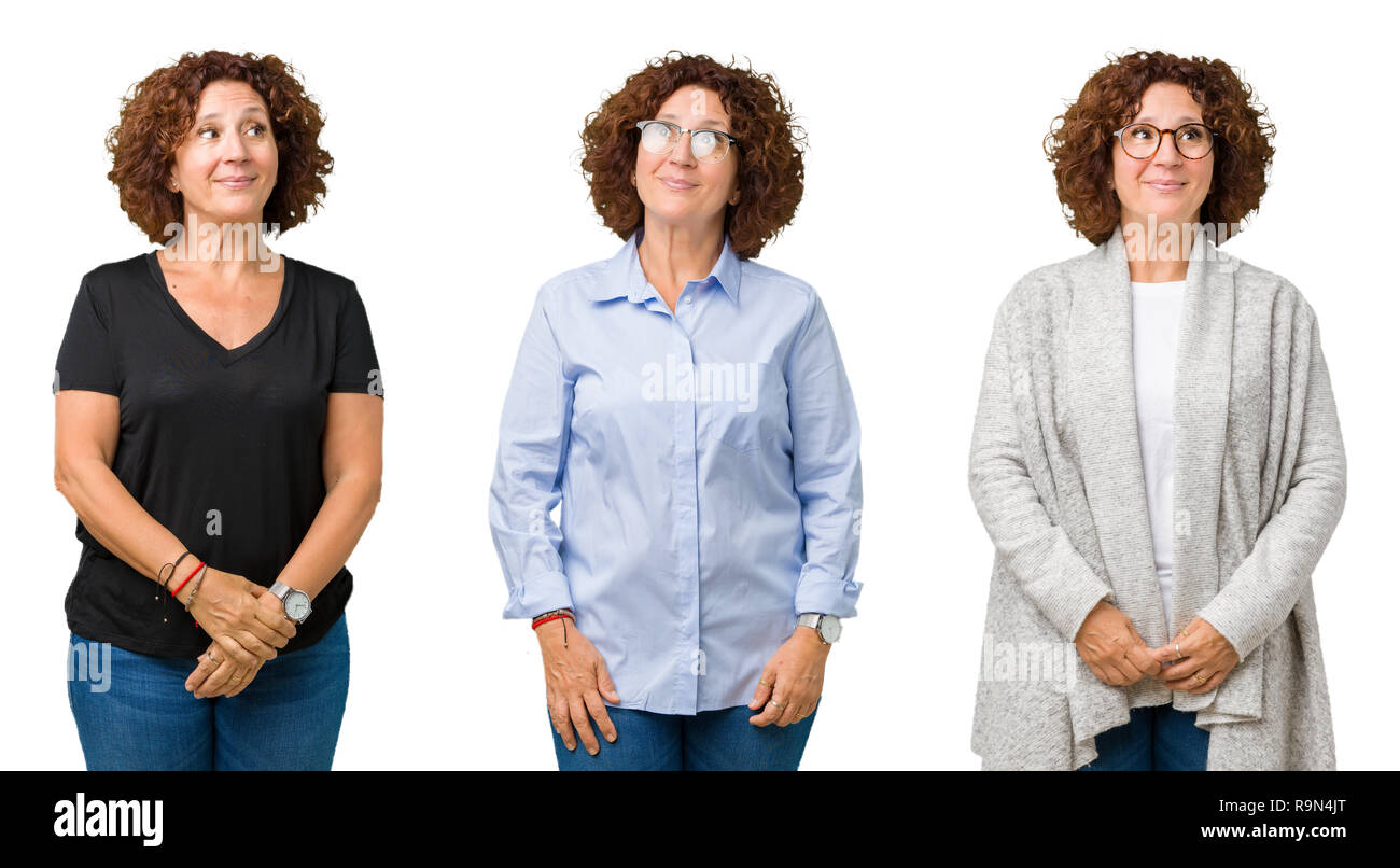 Collage of middle age senior woman over white isolated background ...