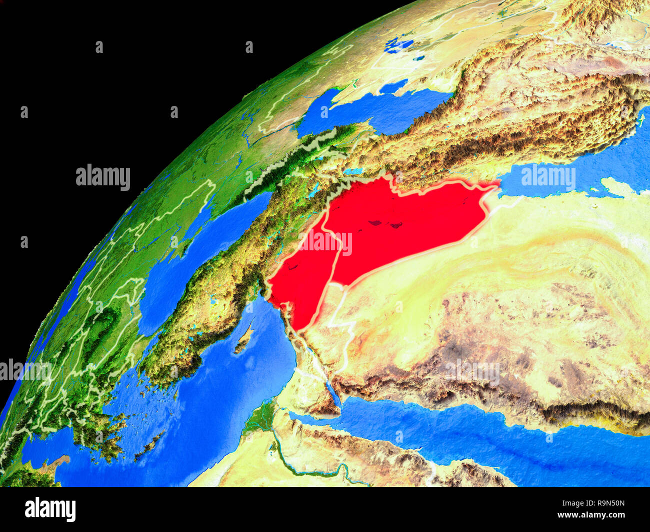 Islamic State from space. Planet Earth with country borders and ...