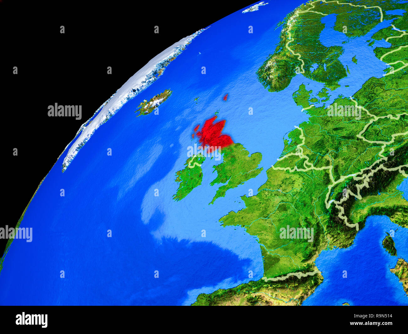 Scotland from space. Planet Earth with country borders and extremely ...