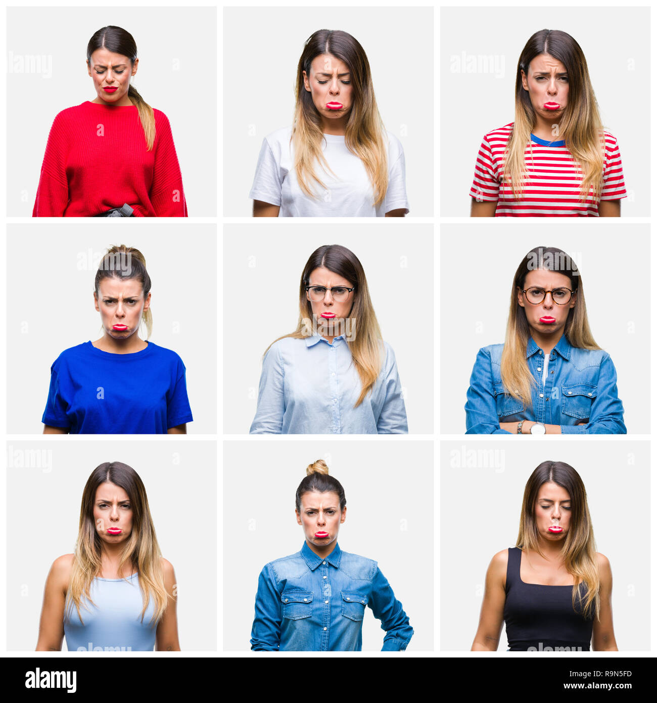 Collage of young beautiful woman over isolated background depressed and ...