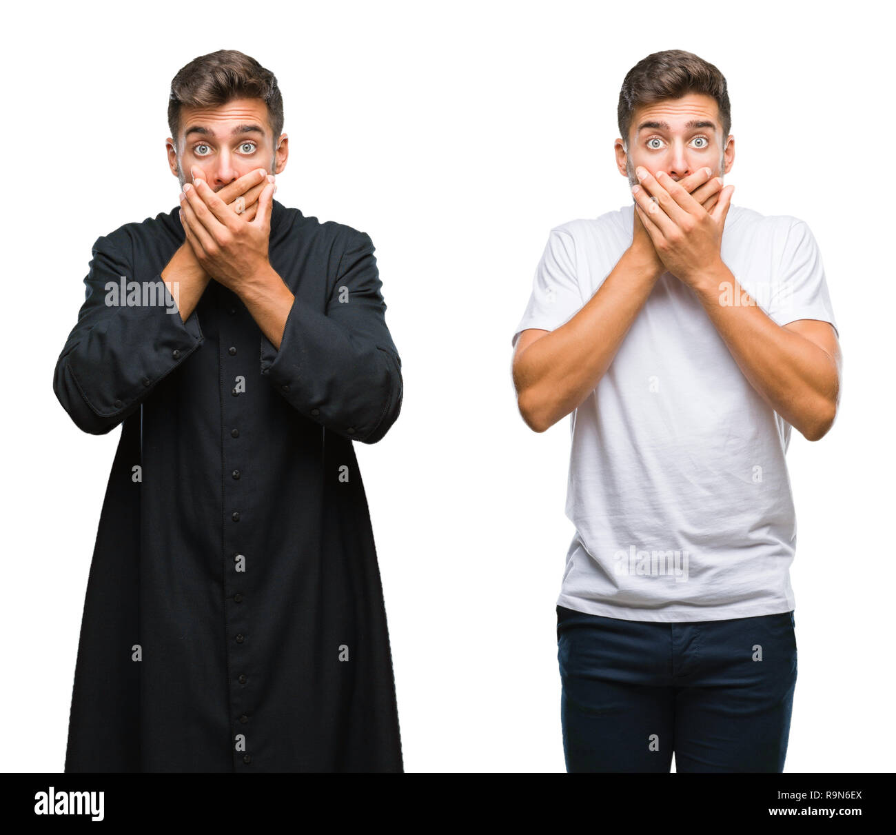 Collage of handsome young man and catholic priest over isolated ...