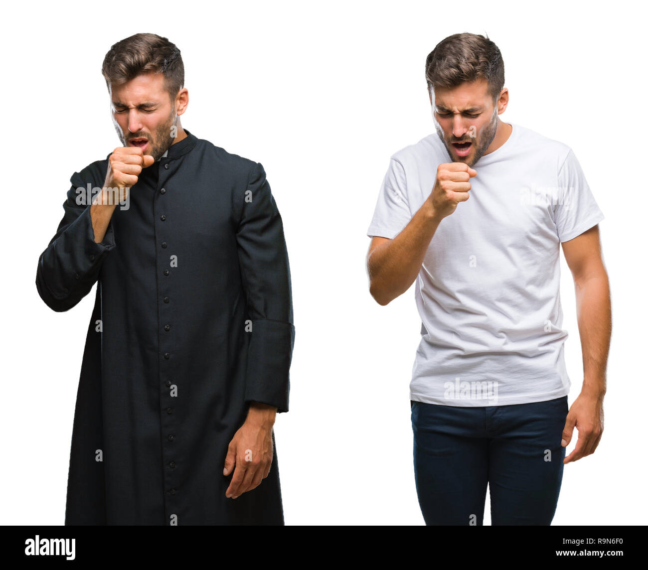 Collage of handsome young man and catholic priest over isolated ...