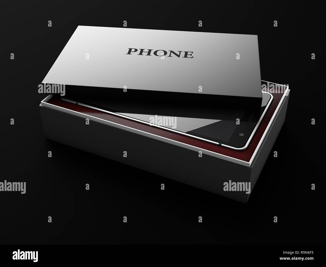Black opened rectangular box with mobile phone inside 3d Illustration ...