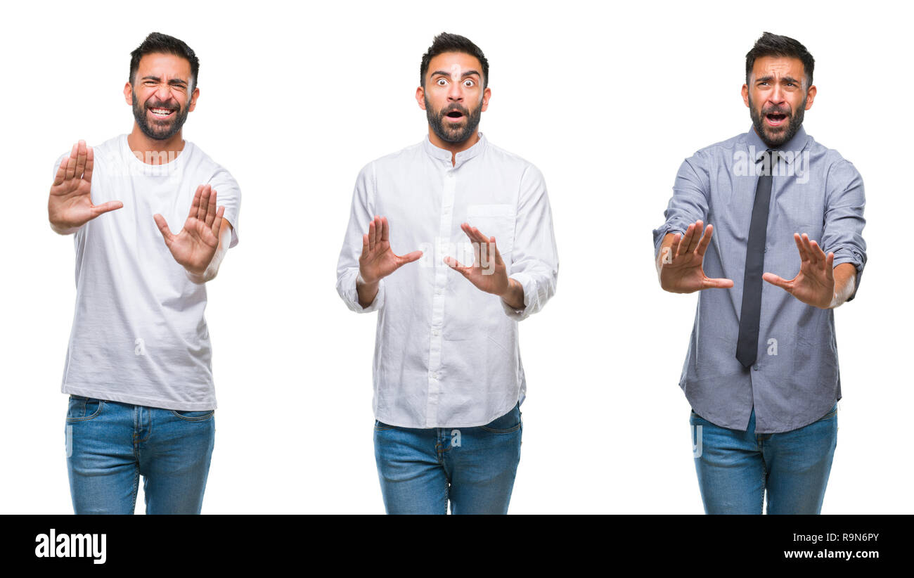 Collage of handsome young indian man over isolated background disgusted ...