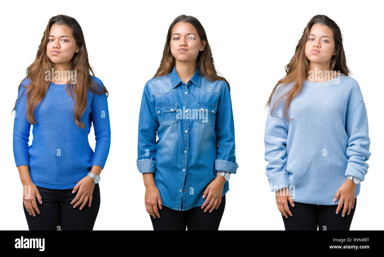 Collage of beautiful young woman over isolated background puffing ...