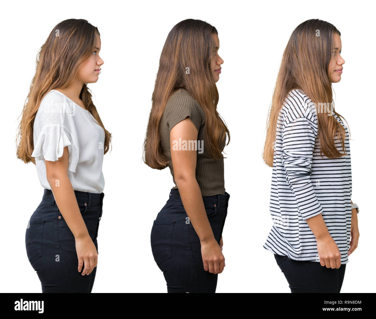 Collage of beautiful young woman over isolated background looking to ...