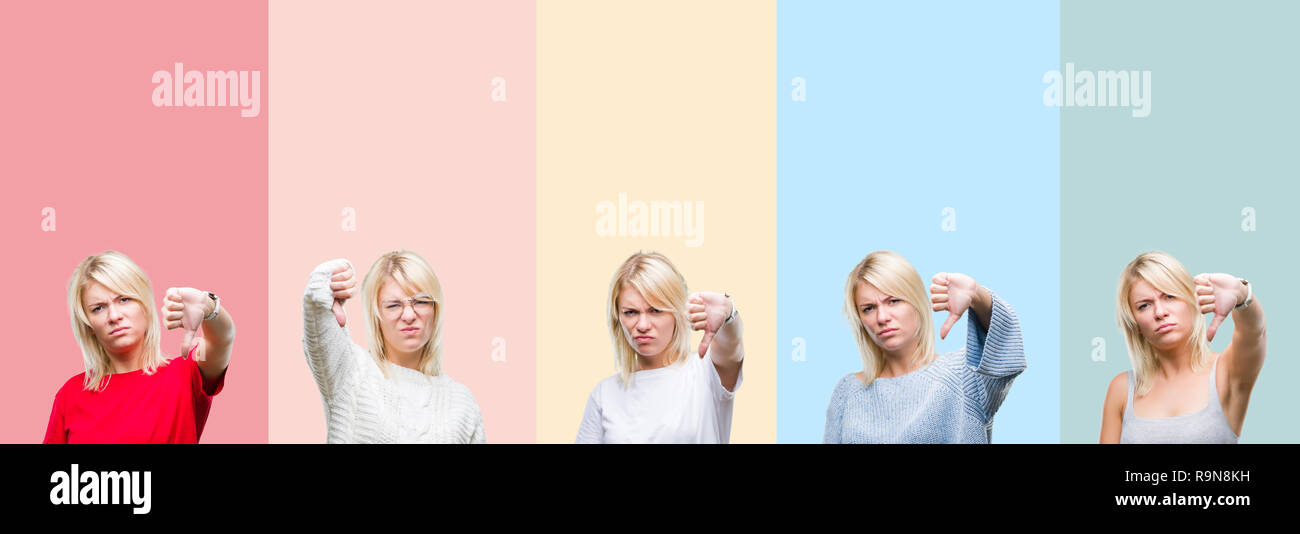 Collage of beautiful blonde woman over colorful stripes isolated ...