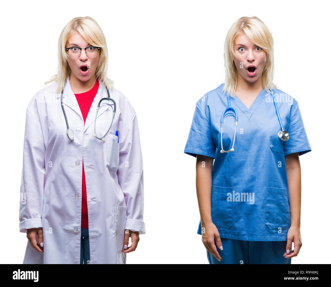 Collage of doctor and nurse woman over white isolated background afraid ...