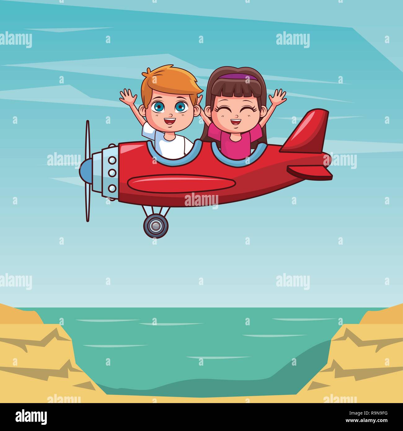 Cartoon Illustration Boy Playing Airplane High Resolution Stock ...