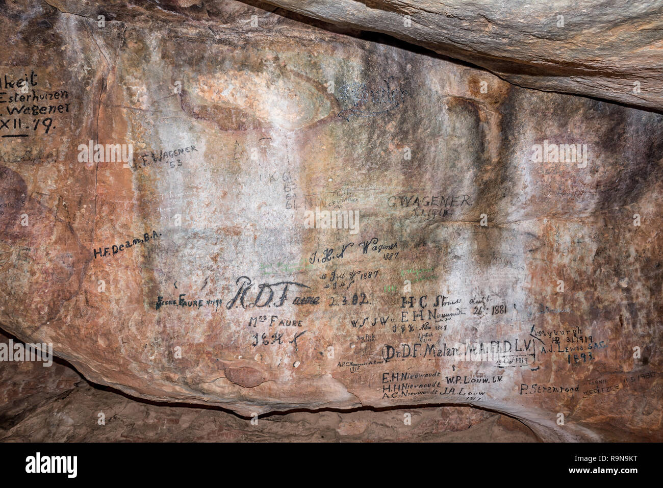 STADSAAL CAVES, SOUTH AFRICA, AUGUST 26, 2018: Historic names are ...