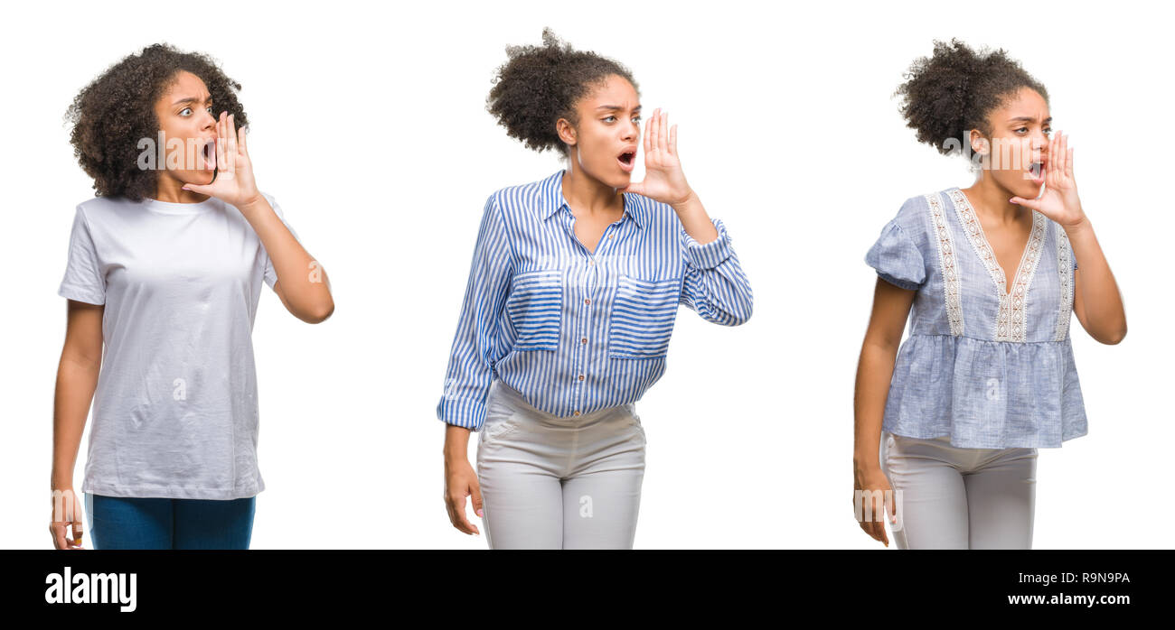 Collage of african american woman over isolated background shouting and ...
