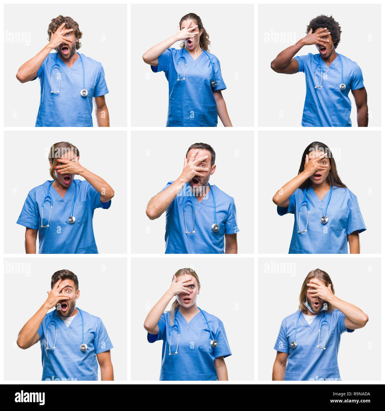 Collage of group of professional doctor nurse people over isolated ...