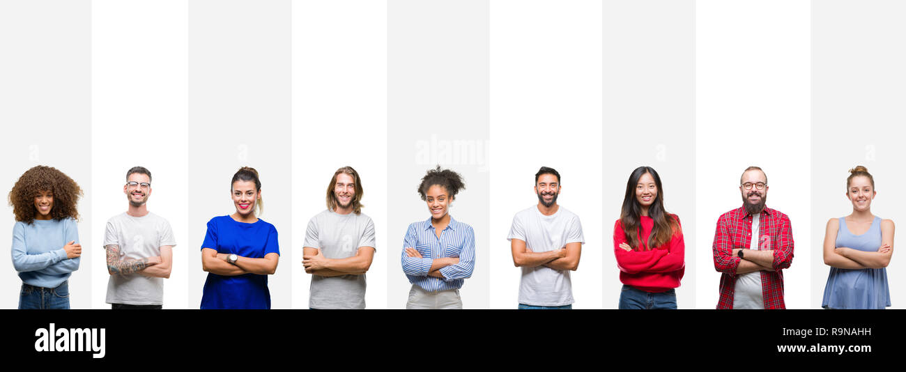 Collage of different ethnics young people over white stripes isolated ...
