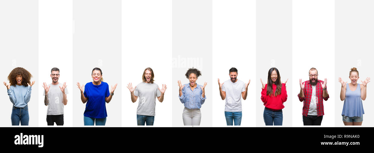 Collage of different ethnics young people over white stripes isolated ...