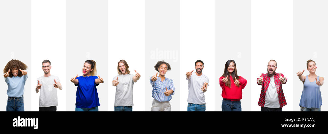 Collage of different ethnics young people over white stripes isolated ...