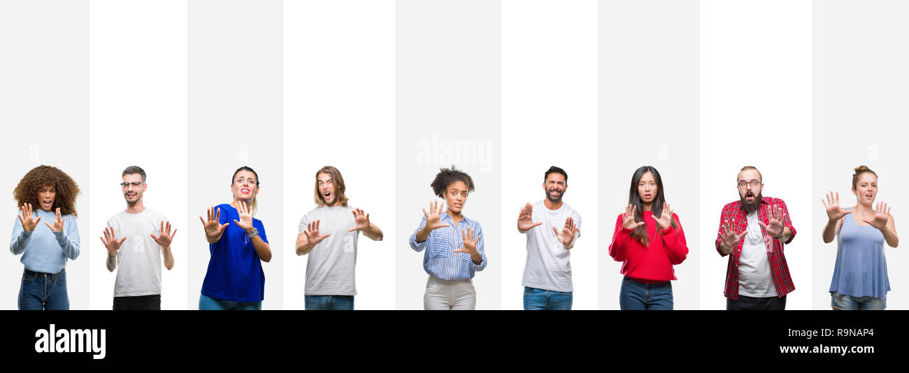 Collage of different ethnics young people over white stripes isolated ...
