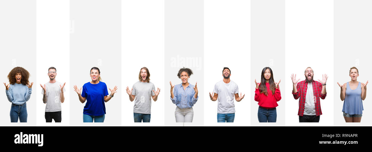 Collage of different ethnics young people over white stripes isolated ...