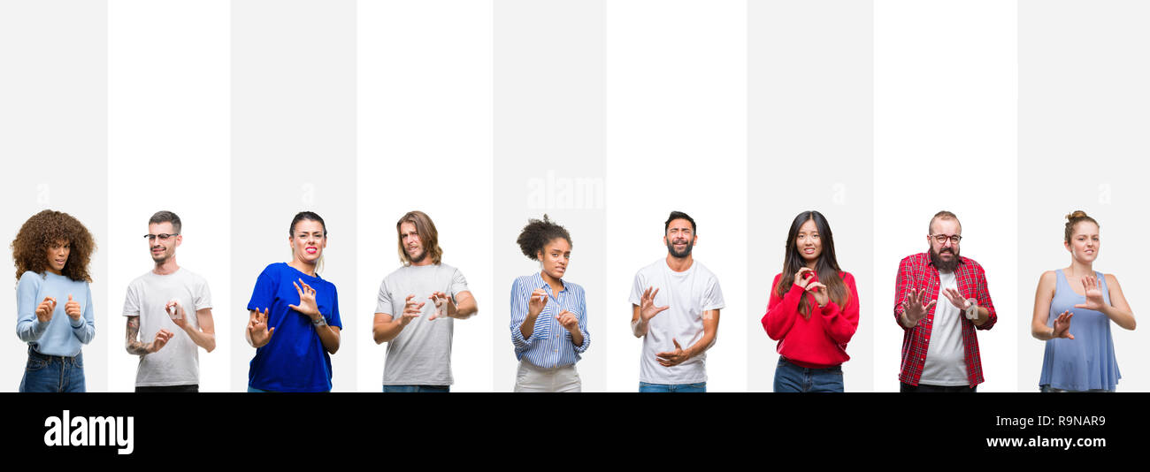 Collage of different ethnics young people over white stripes isolated ...