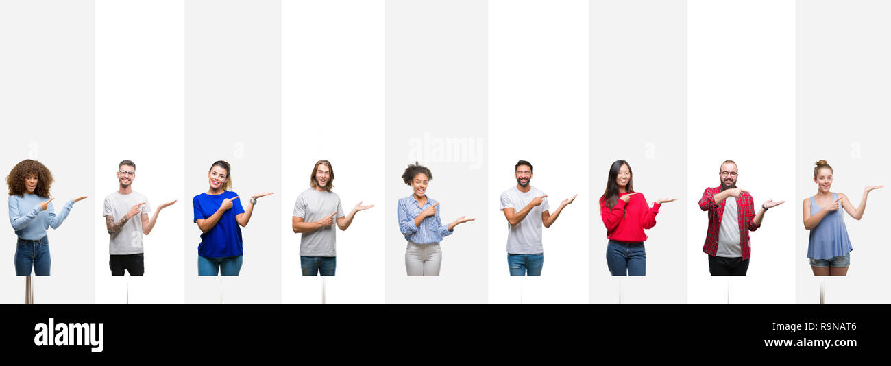 Collage of different ethnics young people over white stripes isolated ...