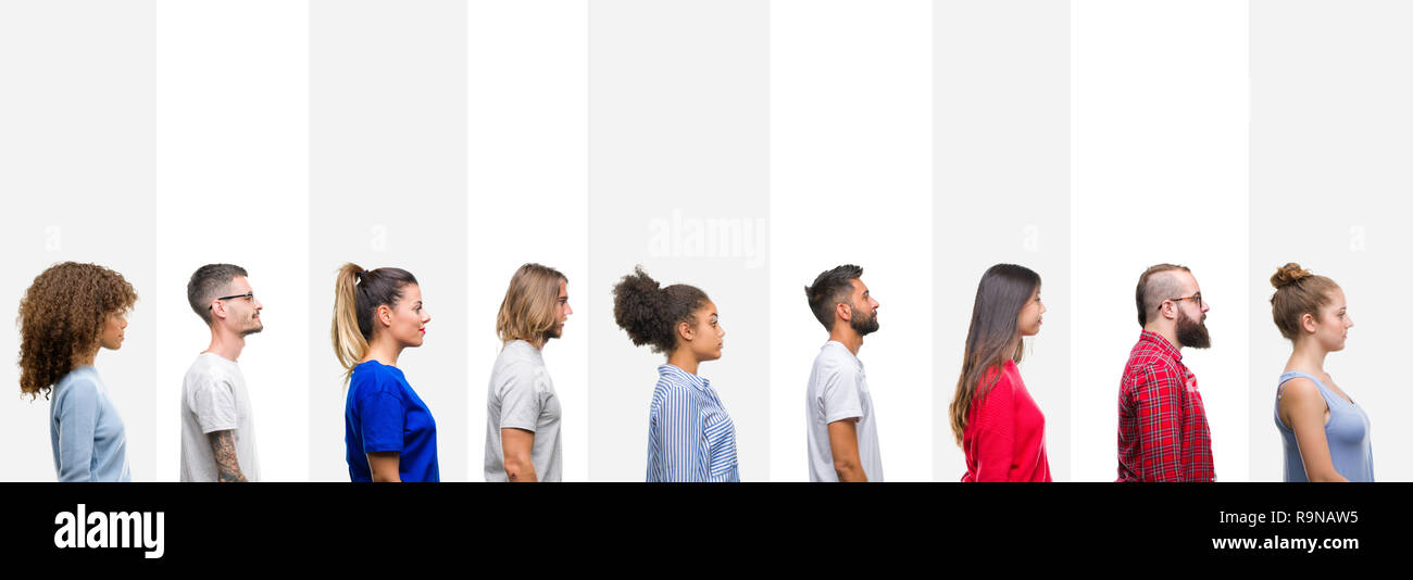 Collage of different ethnics young people over white stripes isolated ...