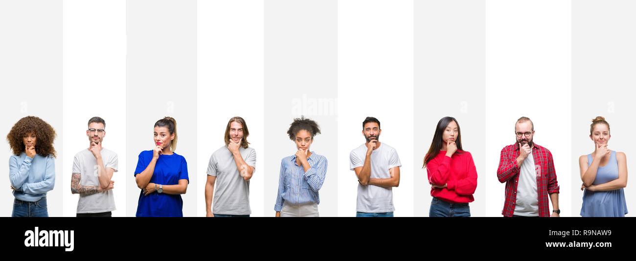 Collage of different ethnics young people over white stripes isolated ...