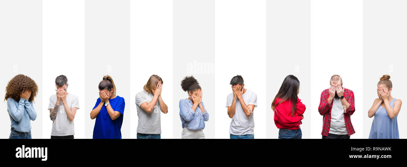 Collage of different ethnics young people over white stripes isolated ...