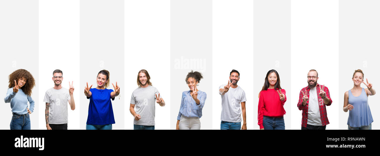 Collage of different ethnics young people over white stripes isolated ...