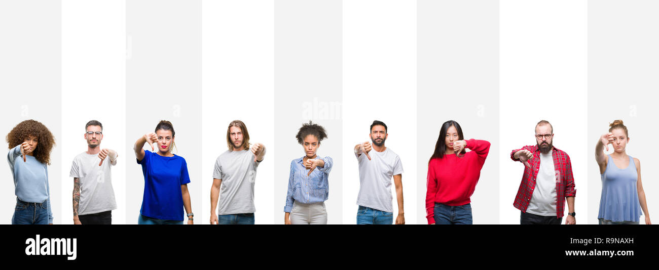 Collage of different ethnics young people over white stripes isolated ...