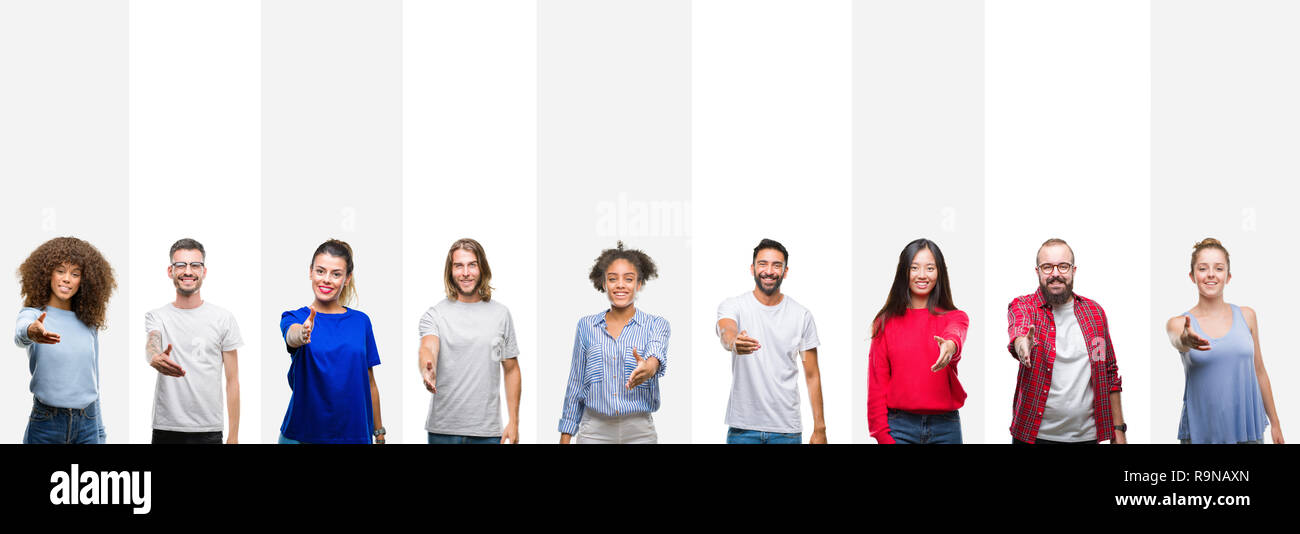 Collage of different ethnics young people over white stripes isolated ...