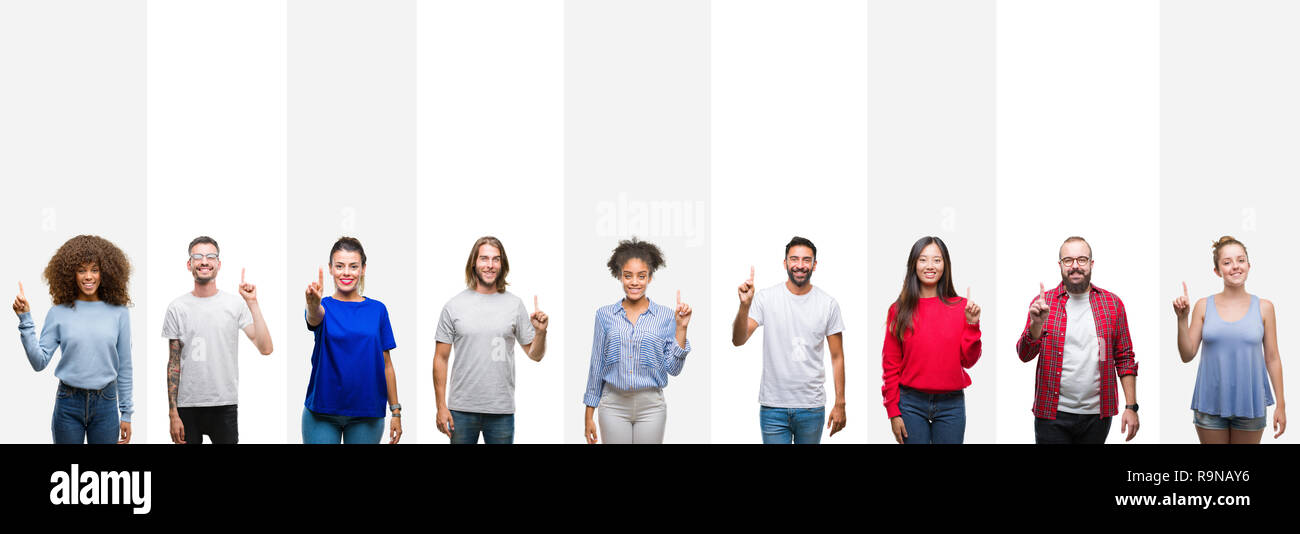 Collage of different ethnics young people over white stripes isolated ...