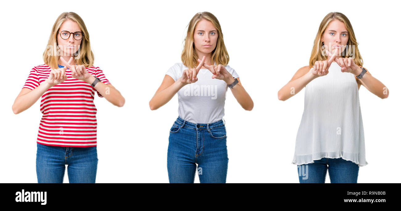 Collage of beautiful blonde woman over white isolated background ...