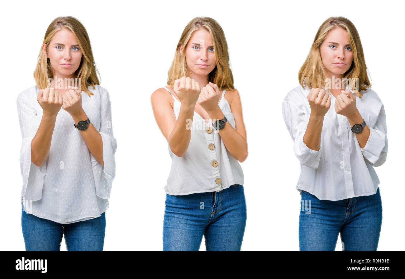 Collage of beautiful blonde woman over white isolated background Ready ...