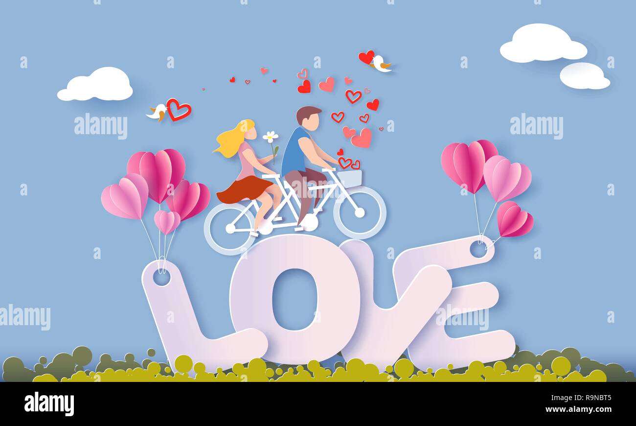 Valentines day card with couple riding tandem bicycle on big letters LOVE with air balloons on ...