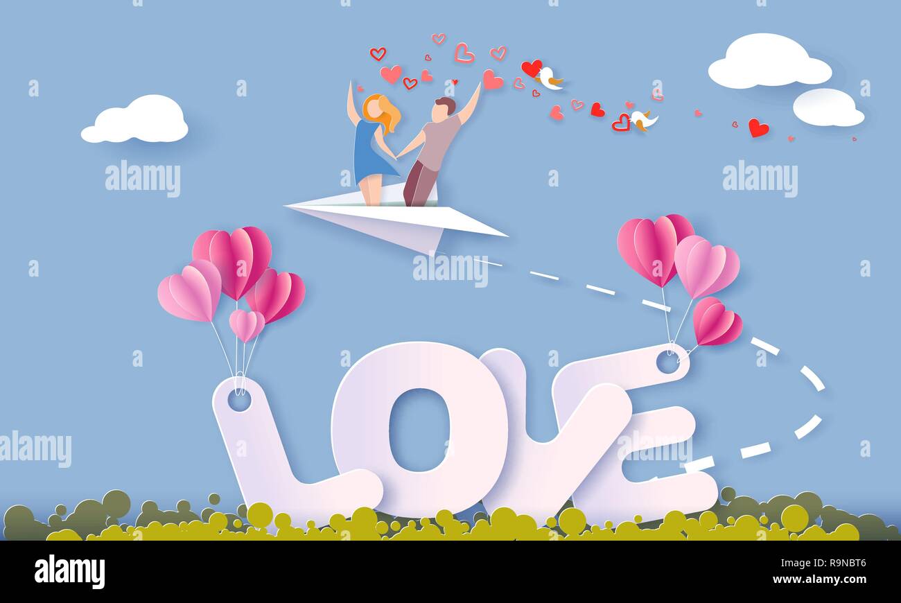 Valentines day card. Couple flying on paper airplane over big letters ...