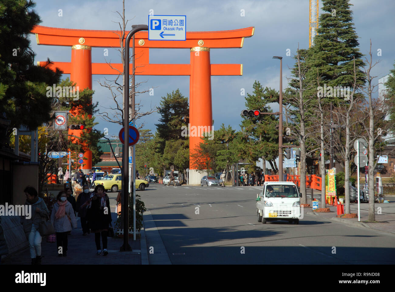The orange torii entrance gate to the Heian shrine, Kyoto, Japan Stock ...