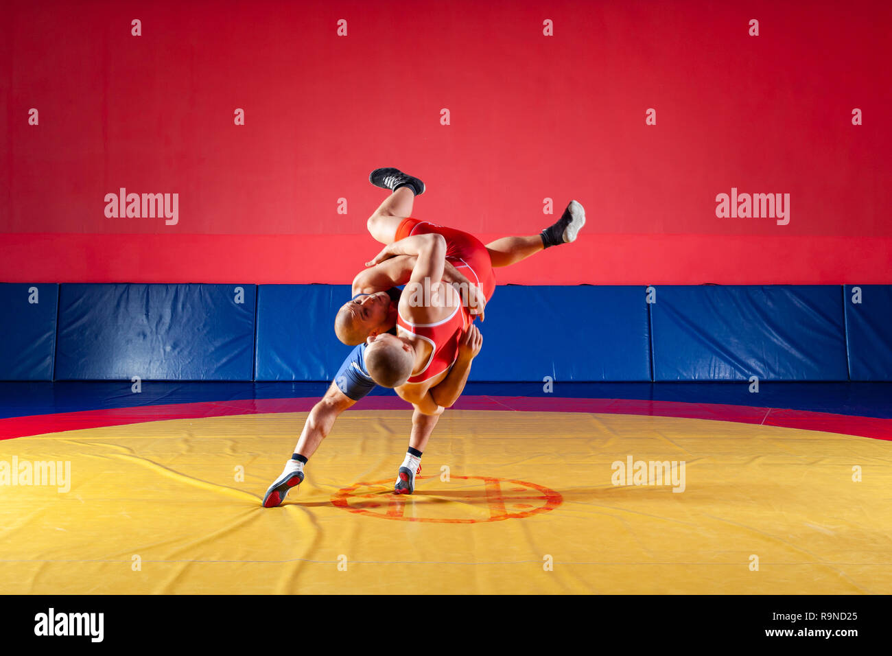 Two young men in blue and red wrestling tights are wrestlng and making ...