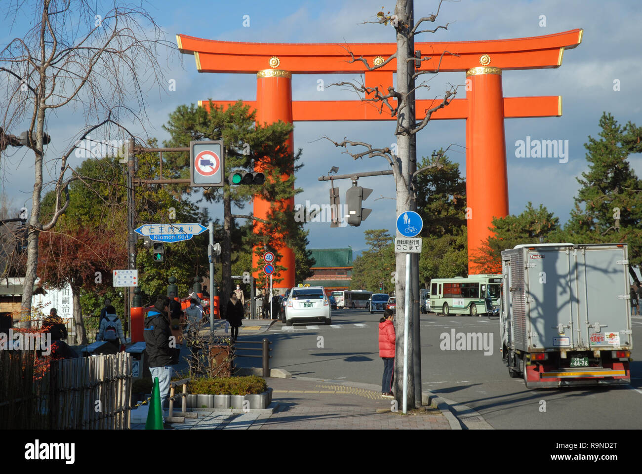 The orange torii entrance gate to the Heian shrine, Kyoto, Japan Stock ...